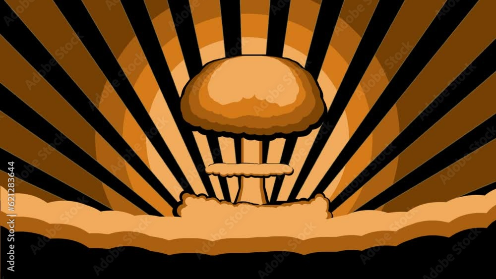 Animation of an atomic bomb explosion with dark smoke and bright lights. 2d atomic bomb ...
