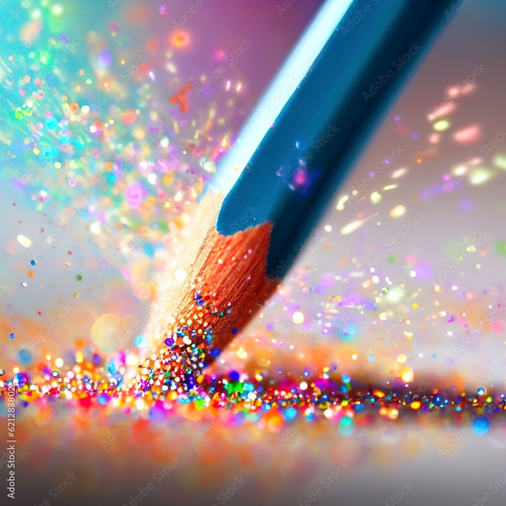multicolor sparkly glitter bursting from the tip of an pencil as it ...