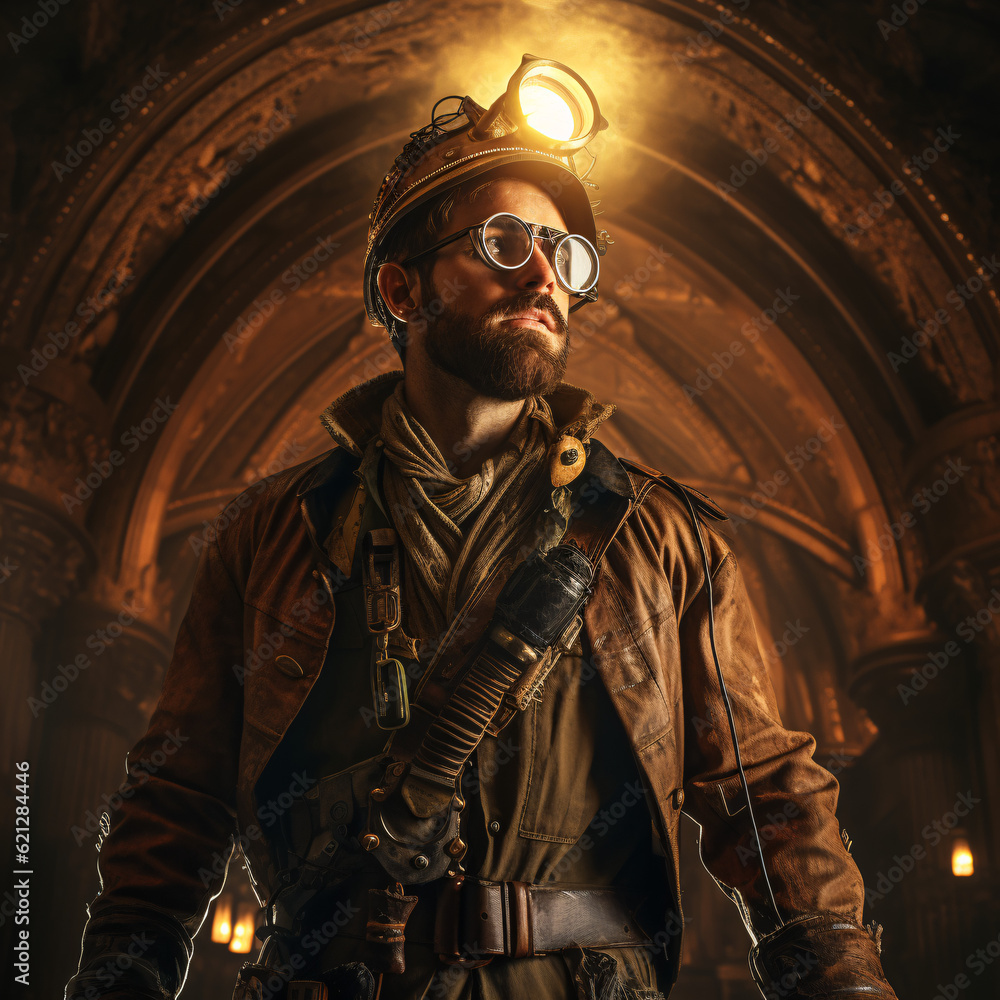 Steampunk explorer, adventurer with goggles and Victorian attire ...