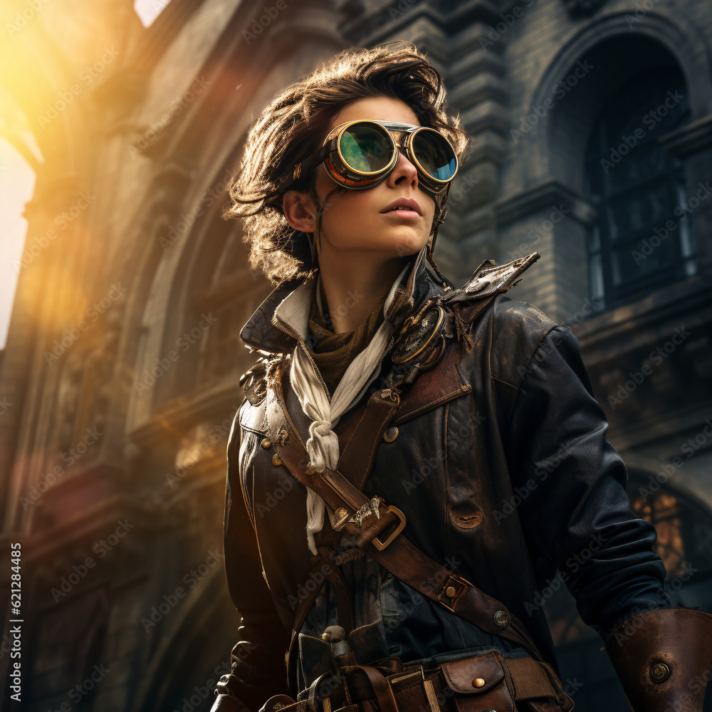 Steampunk explorer, adventurer with goggles and Victorian attire ...