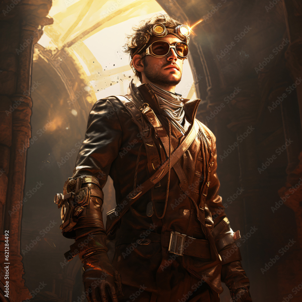 Steampunk explorer, adventurer with goggles and Victorian attire ...