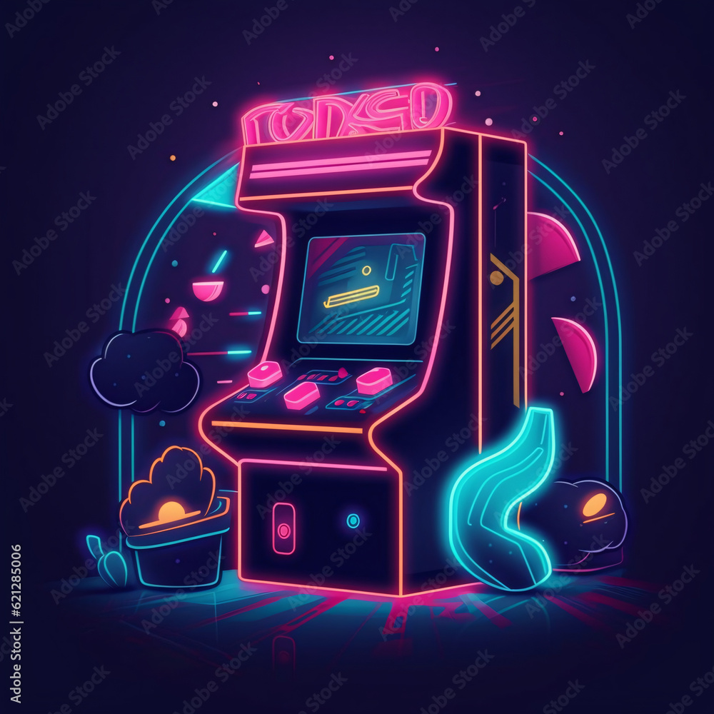 Illustration of a retro arcade cabinet or pinball machine. Nostalgia ...
