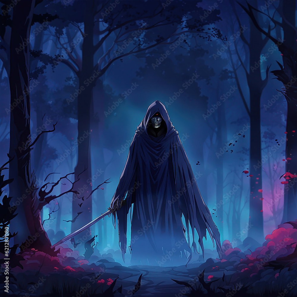 An AI-generated anime-style grim reaper image in twilight and foggy ...