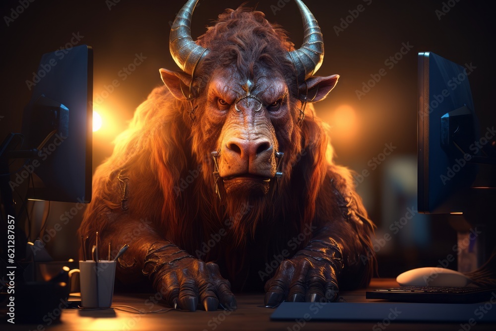 Furious Bull Confronts Computer Screen - Vibrant 3D Art With Explosive ...