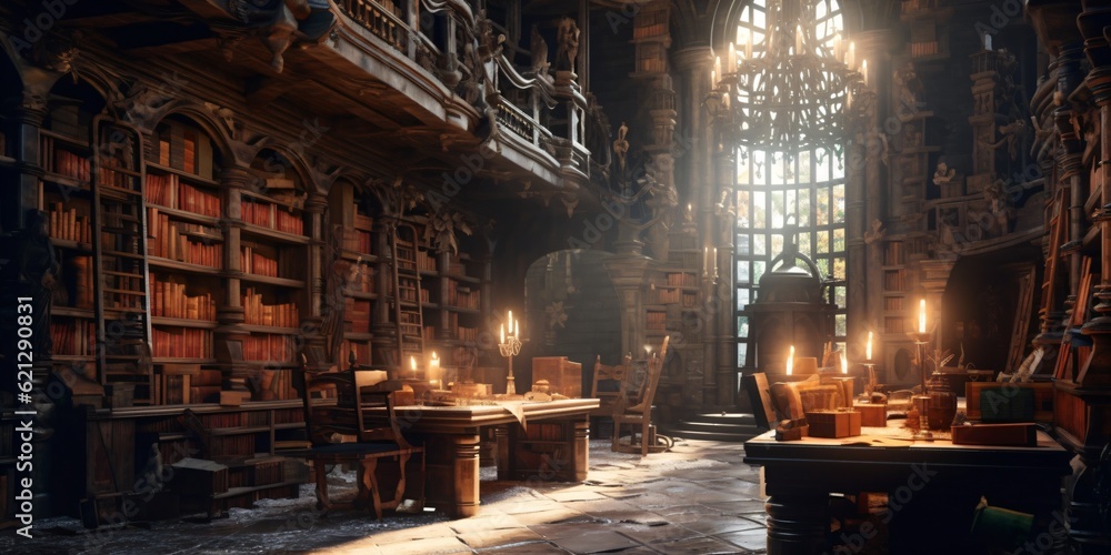 medieval library, gothic reading room interior with desks, old ...