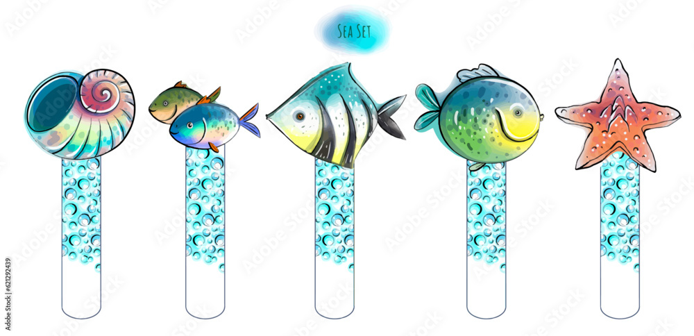 Starfish, fish, shell, on a white background, colored bookmarks in a ...