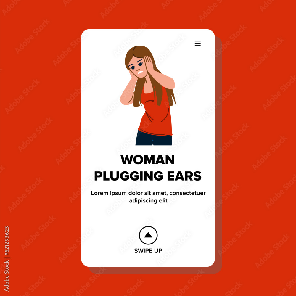 loud woman plugging ears vector. female ear, listen person, noise hear ...