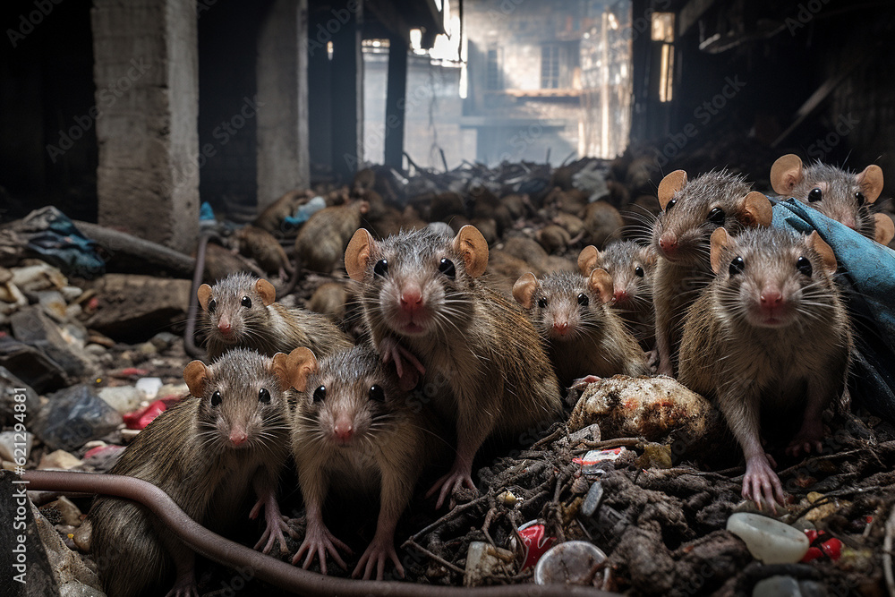 Rats in the trash. A huge number of rats as a response to human pollution of nature. Rats are ...