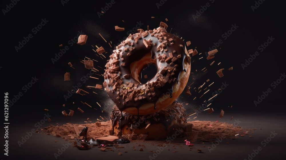 Chocolate doughnut with sprinkles of melted chocolate splash and chip ...