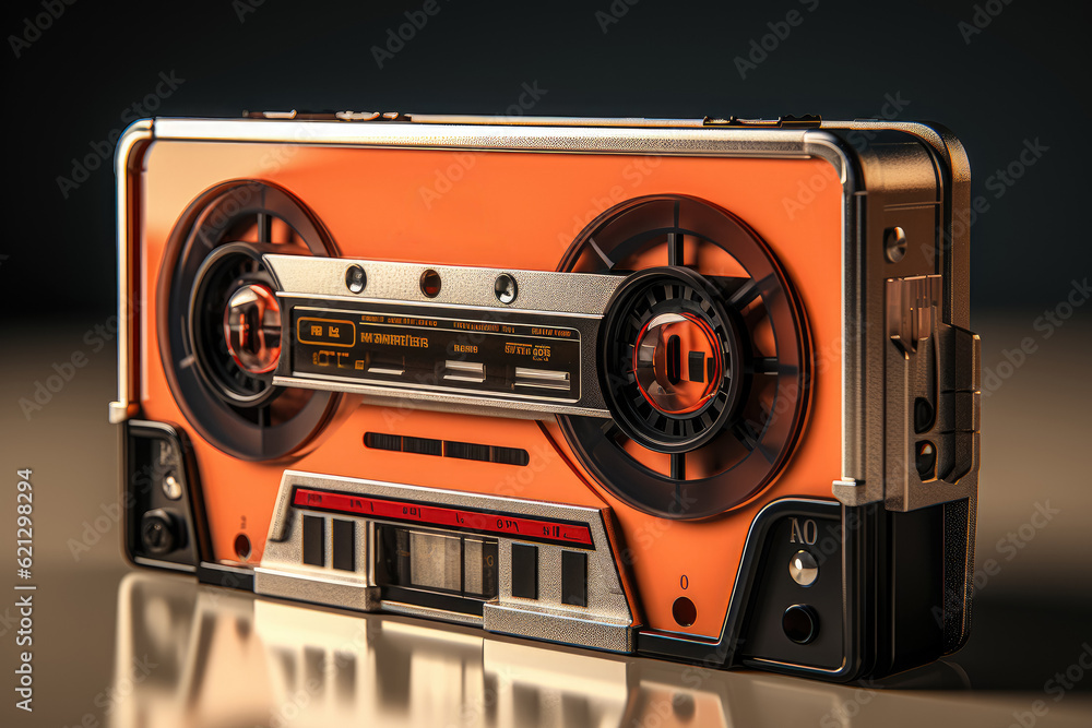 Compact cassette tape with a retro rewind symbol, representing 90's ...