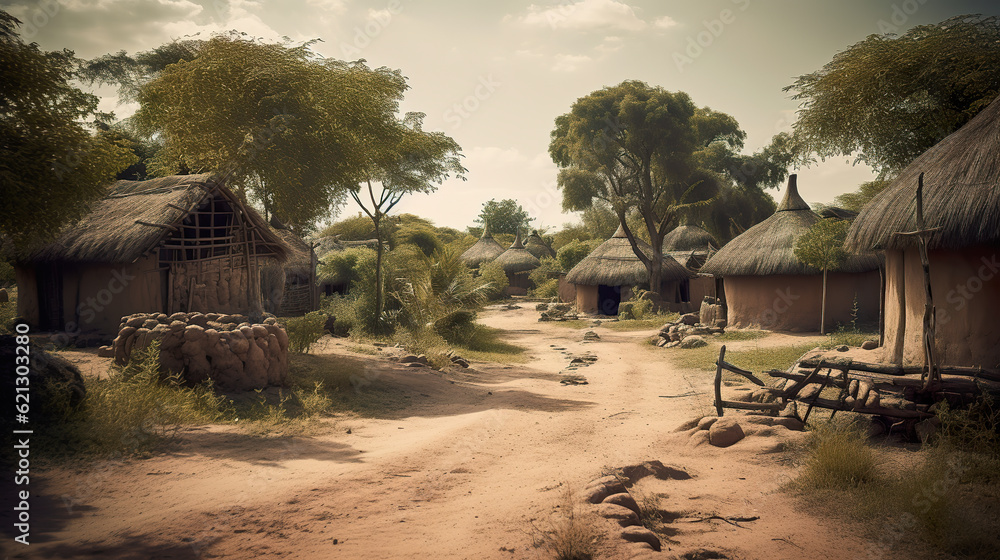 Illustration of a village in Africa with a small path. Empty African ...