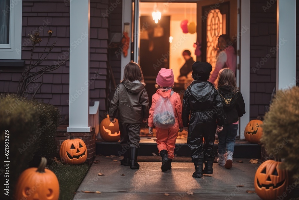 Children in Halloween costumes walking in decorated neighborhood fun ...