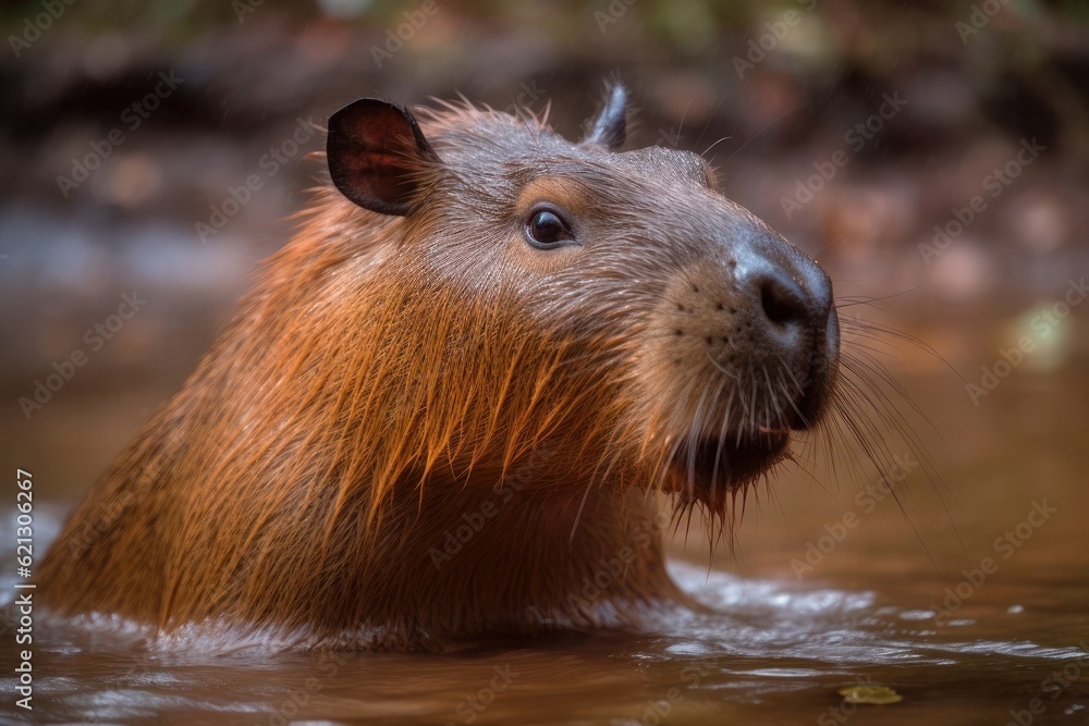 portrait of a capybara (Hydrochoerus hydrochaeris) swimming in the ...