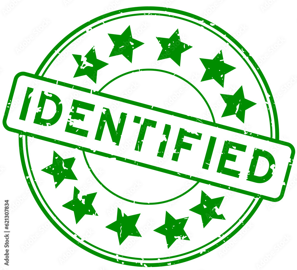 Grunge green identified word with star icon round rubber seal stamp on ...