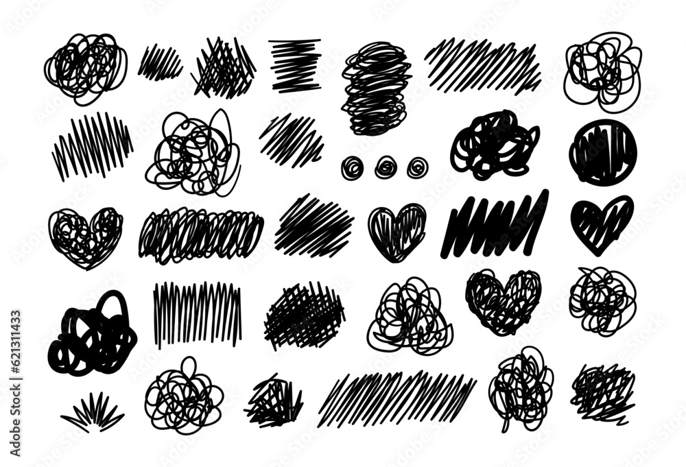 Vector illustration. Hand drawn doodle scribbles and hearts set ...