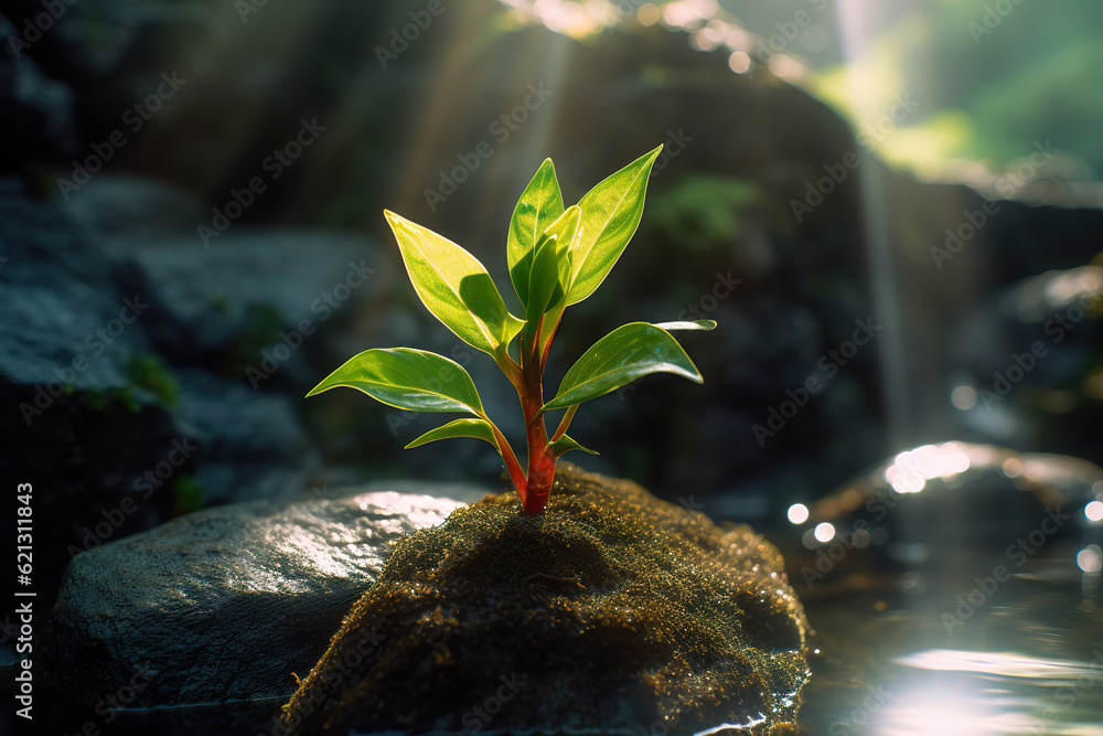 A close-up of a plant on a rock in the water. born concept. Inspiring ...