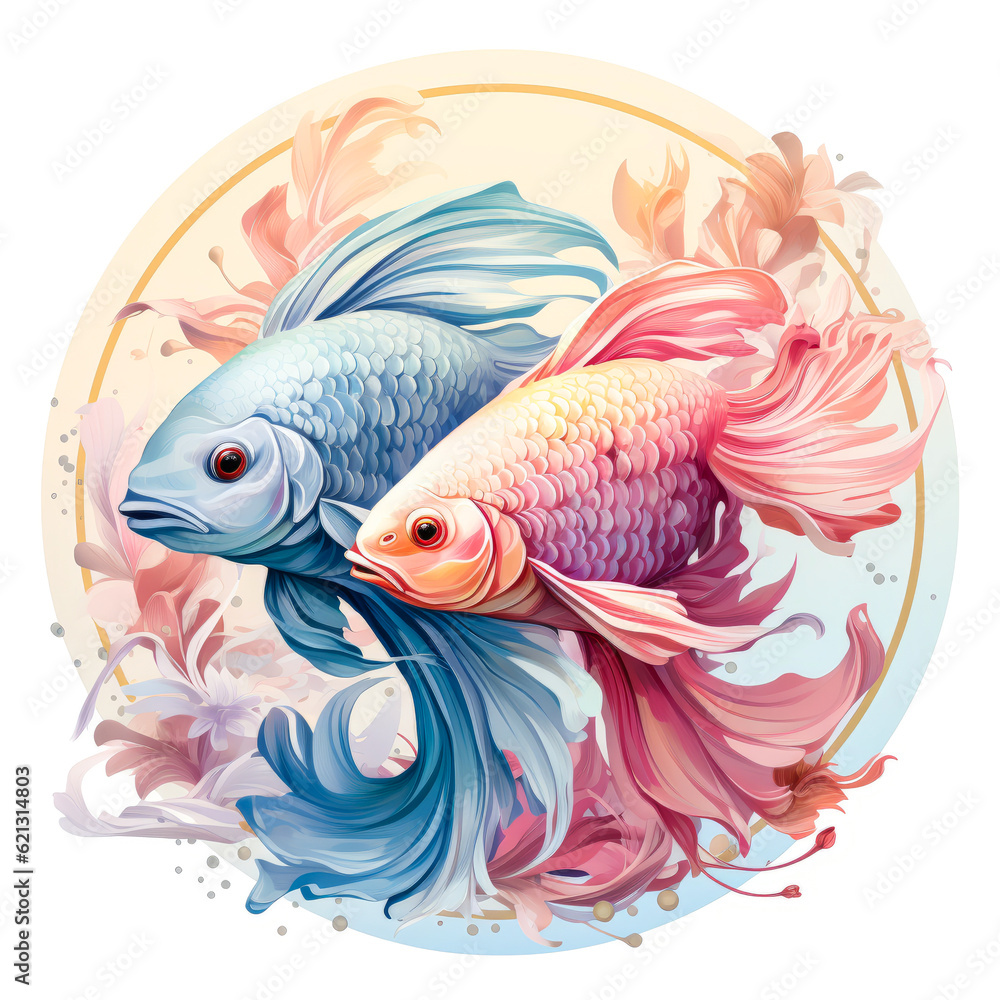 Soothing astrological Pisces sign, depicted as two fish in pastel hues ...