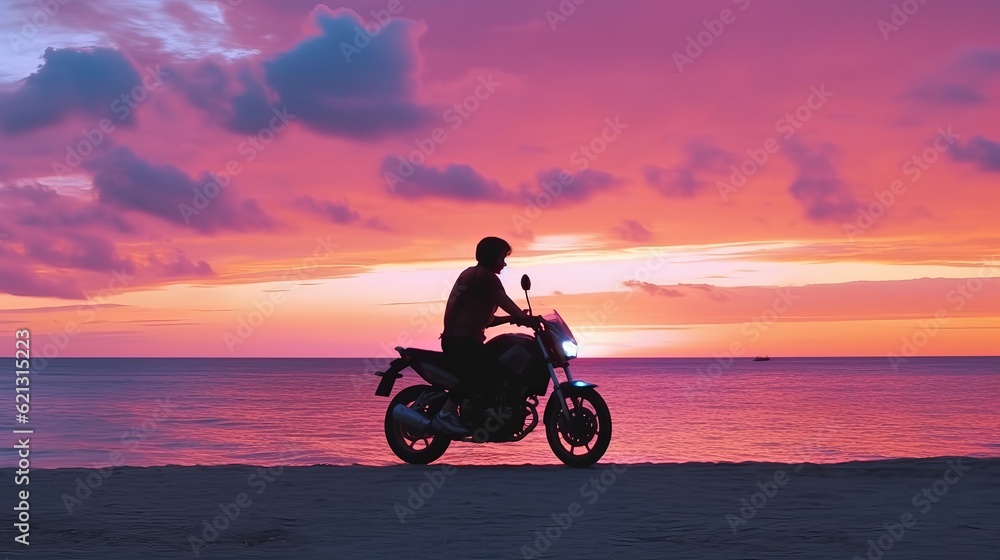 Silhouette of a person riding a bike - Happy motorcyclist riding into ...