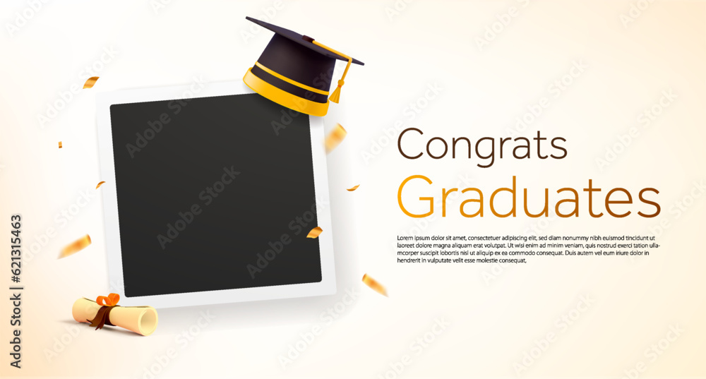 Vetor de 3d graduation cap or hat, photo frame or board, placeholder ...
