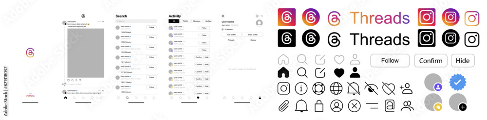 Threads screen mockup. Threads logo set. Social network by Instagram ...