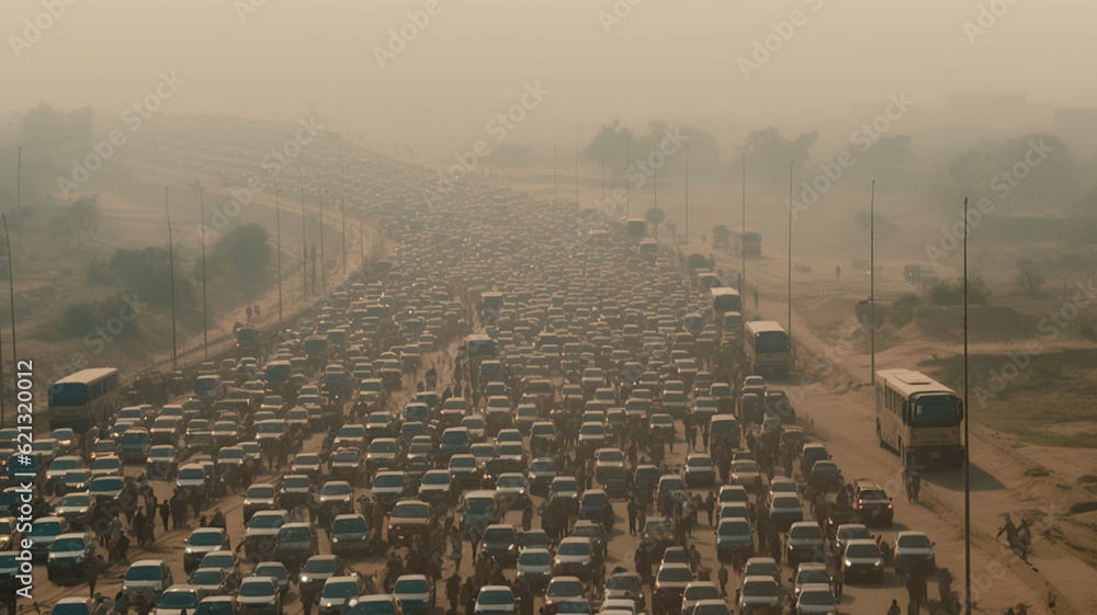 Illustrazione Stock highway traffic jam, dust and dirt and grime in the ...