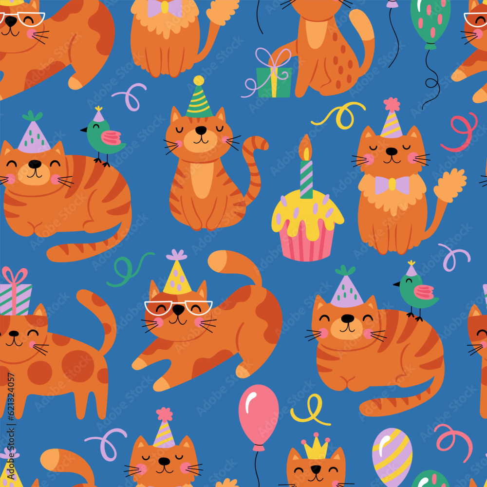 Birthday party seamless pattern background with cute cats. Childish ...