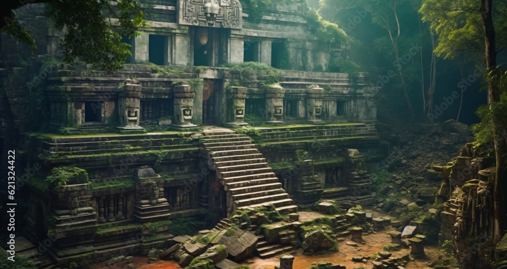 ancient and overgrown mayan temple ruins in the jungle, lost place in the amazon rainforest ...