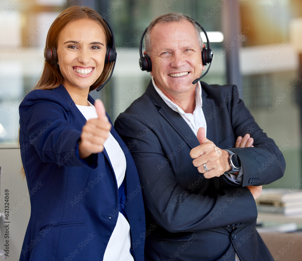 Call center, thumbs up and people in portrait for telemarketing ...