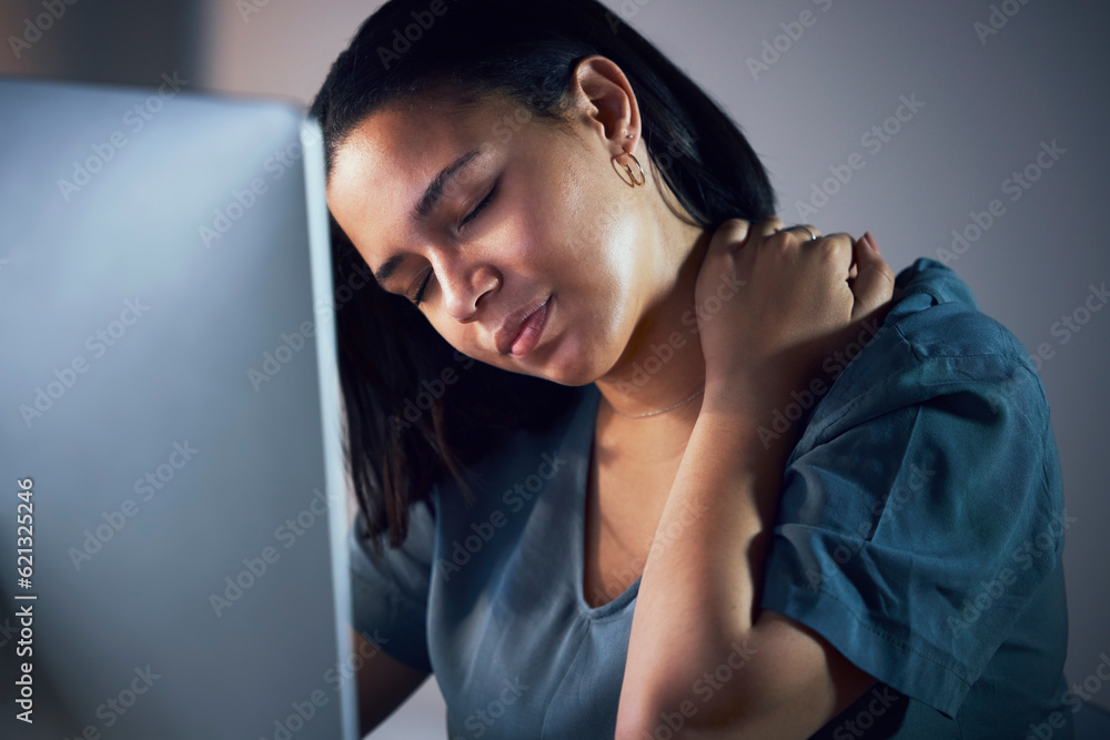 Business woman, neck pain and night in stress, burnout or fatigue by ...