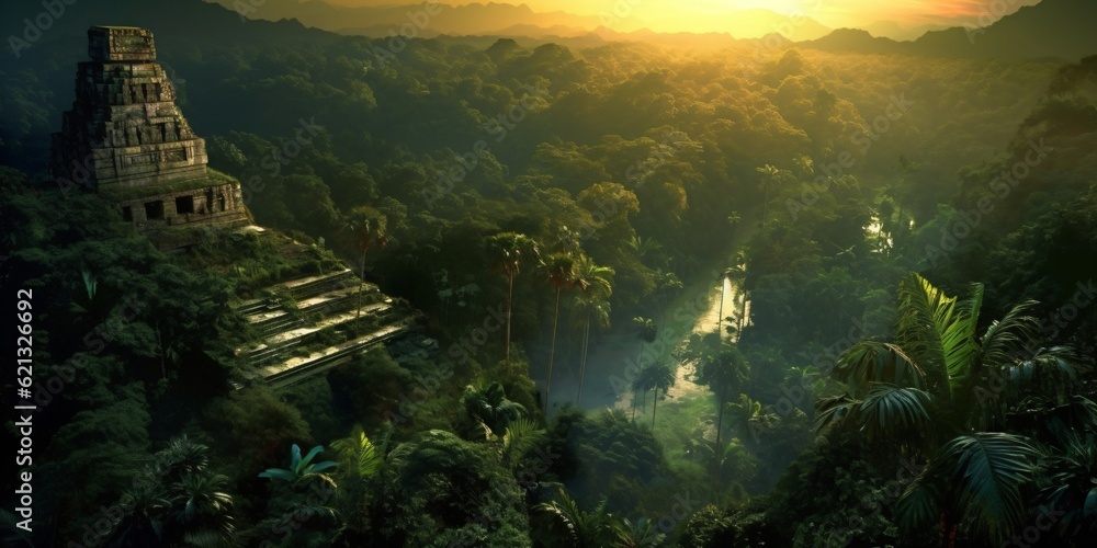 ancient and overgrown mayan temple ruins in the jungle, lost place in ...