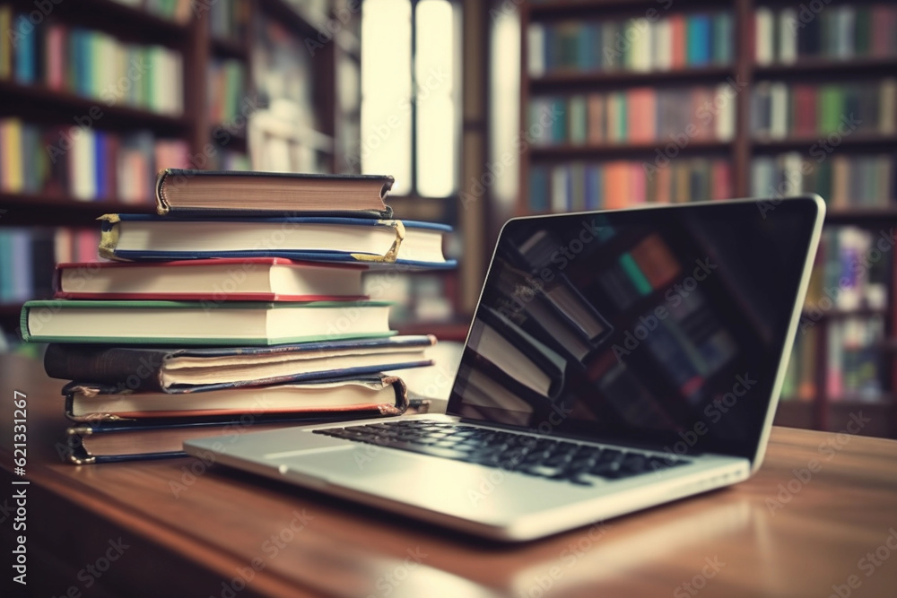 Laptop and books on a table in a classroom. E-learning and education ...