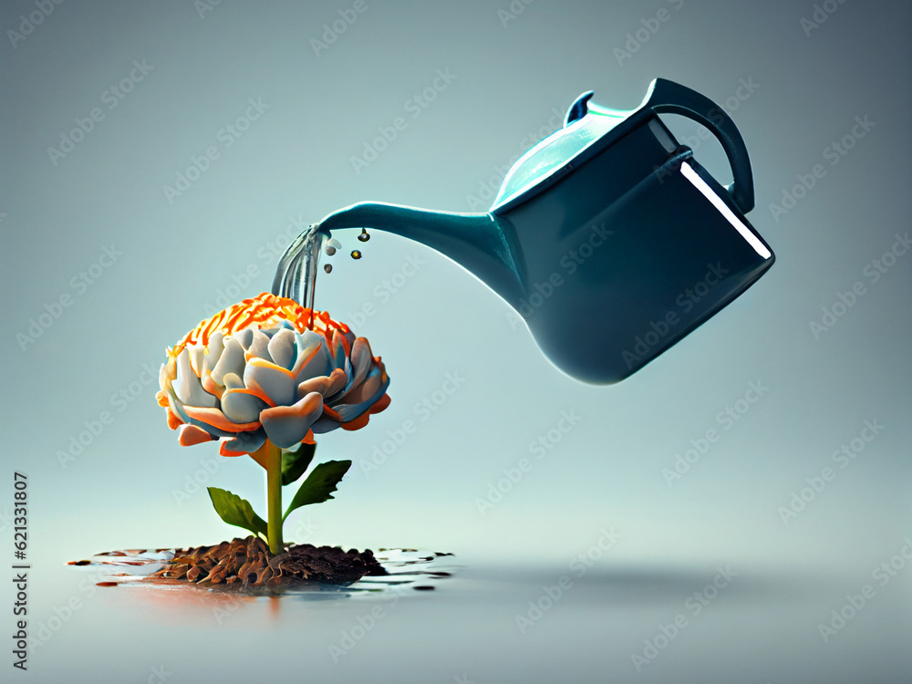 Symbolic image of the human brain poured with water from a watering can ...