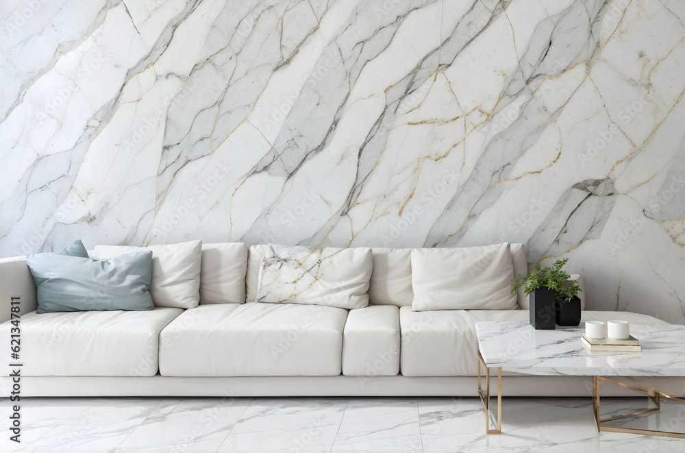 Abstract marble stone paneling wall in a room with white sofa. The ...