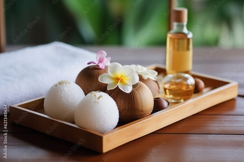Thai Massage Spa Therapy with Herbal Towel Compress Ball, Coconut Oil, Perfume, Cosmetics, and ...