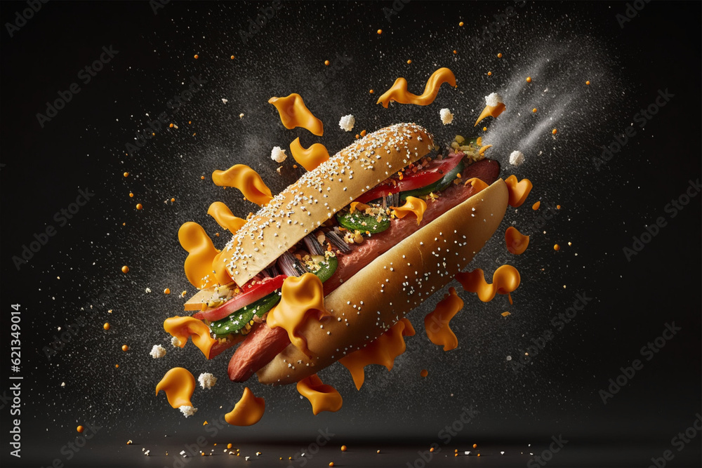 Hot dog with flying ingredients on black background. Fast food concept ...