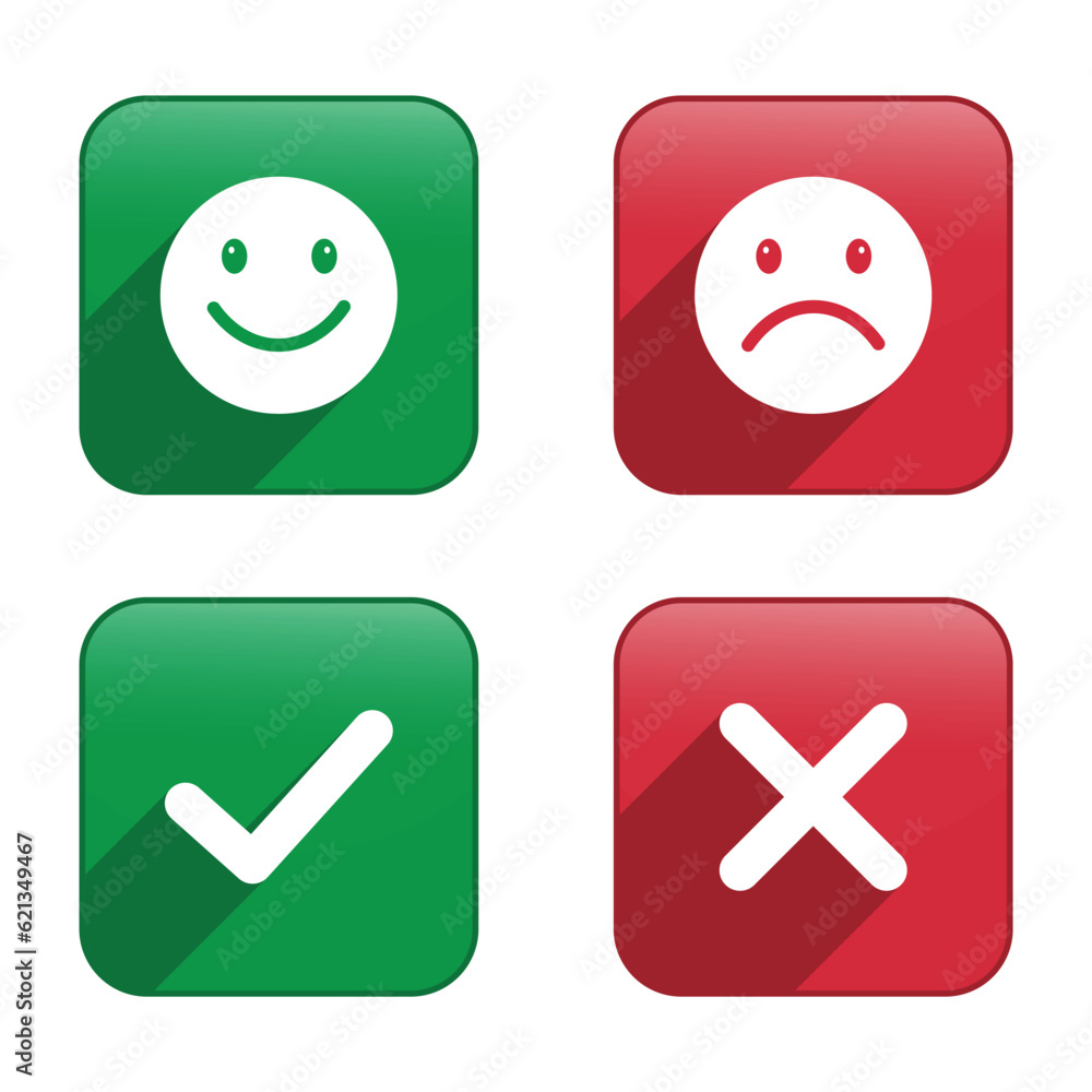 Glossy Happy And Sad Faces, True And False Check Mark, Tick And Cross ...