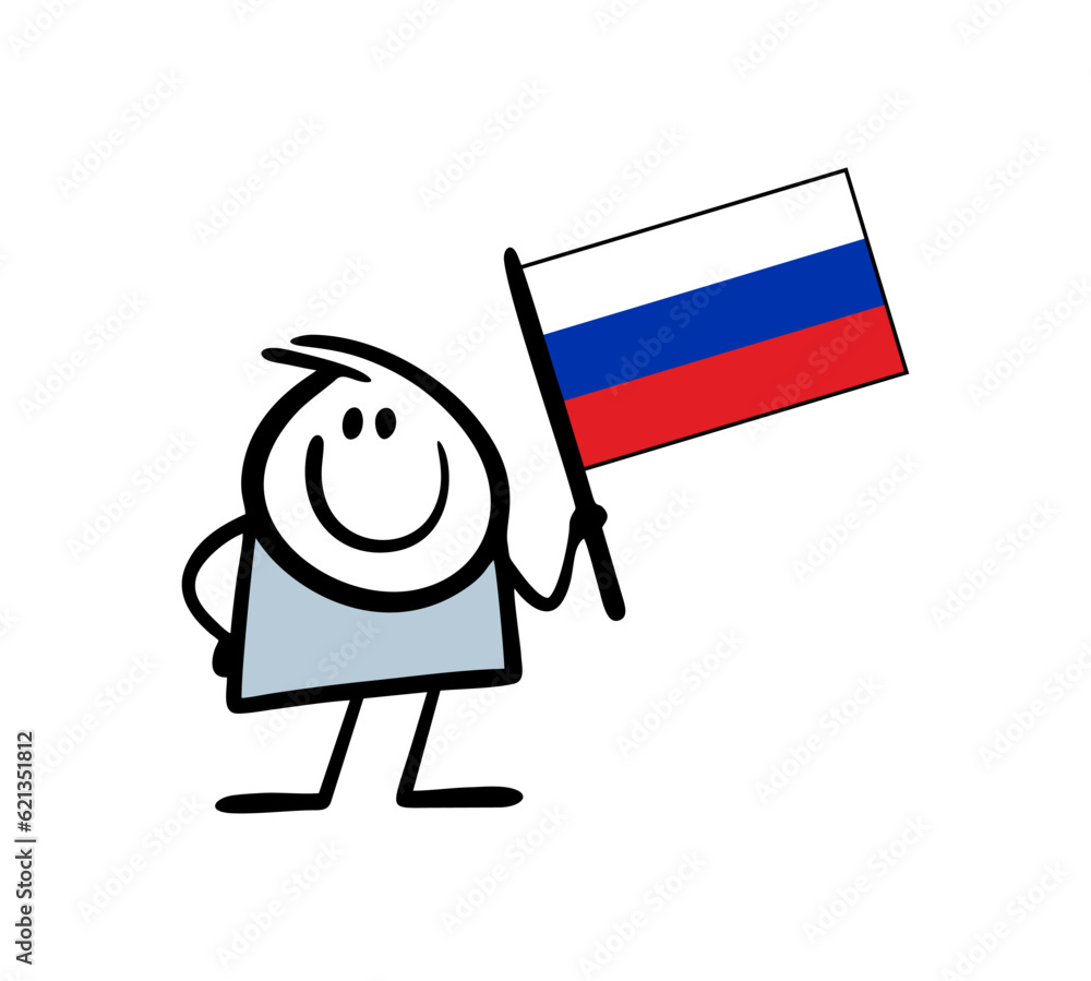 Cute cartoon stickman holding flag of Russian Federation in rising up ...
