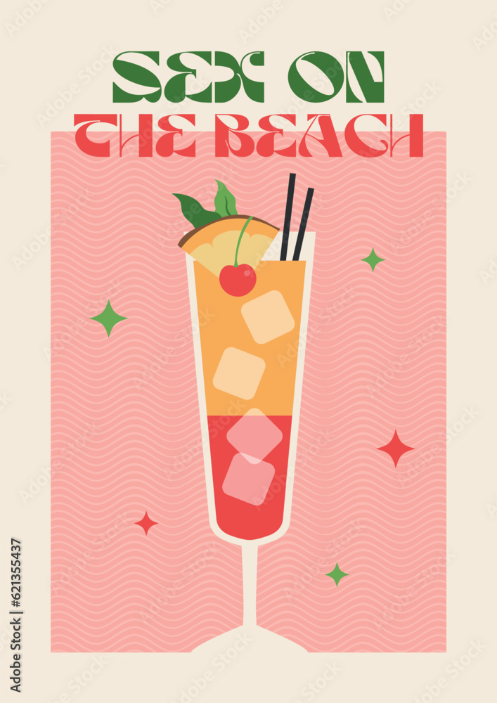 Poster Drink Cocktail Art Sex On The Beach Retro Posters With Alcohol Cocktails 90s 80s 70s