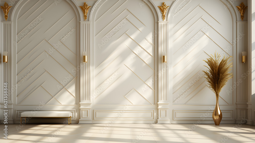 Classic white wall with mouldings, moldings and golden vase. 3d render ...