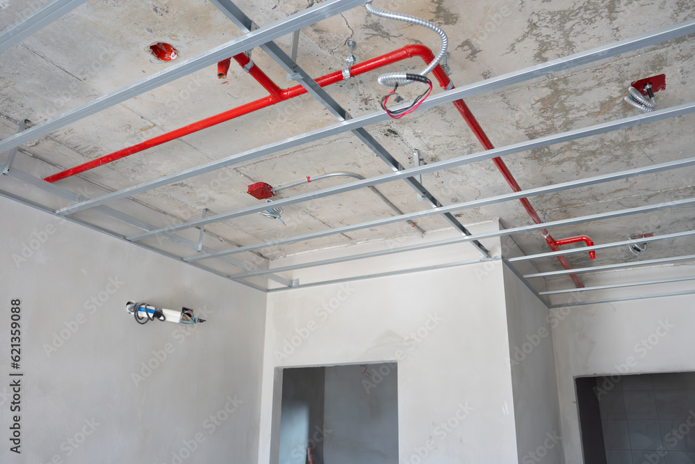 conduit system and automatic fire hoses inside Process of ceiling house ...