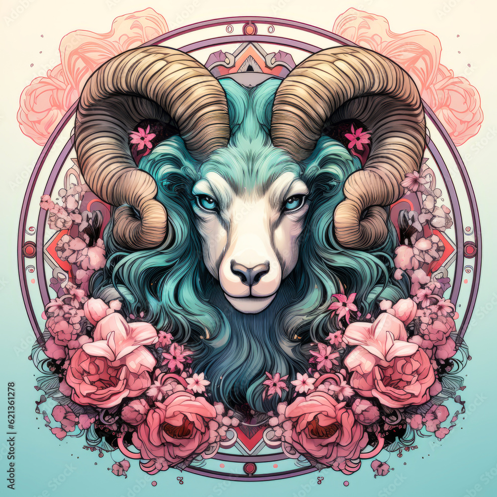Majestic Aries astrological sign in pastel style, anchoring on a clean ...