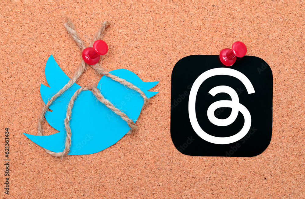 Threads mobile app icon and tied Twitter logo pinned on cork tree ...