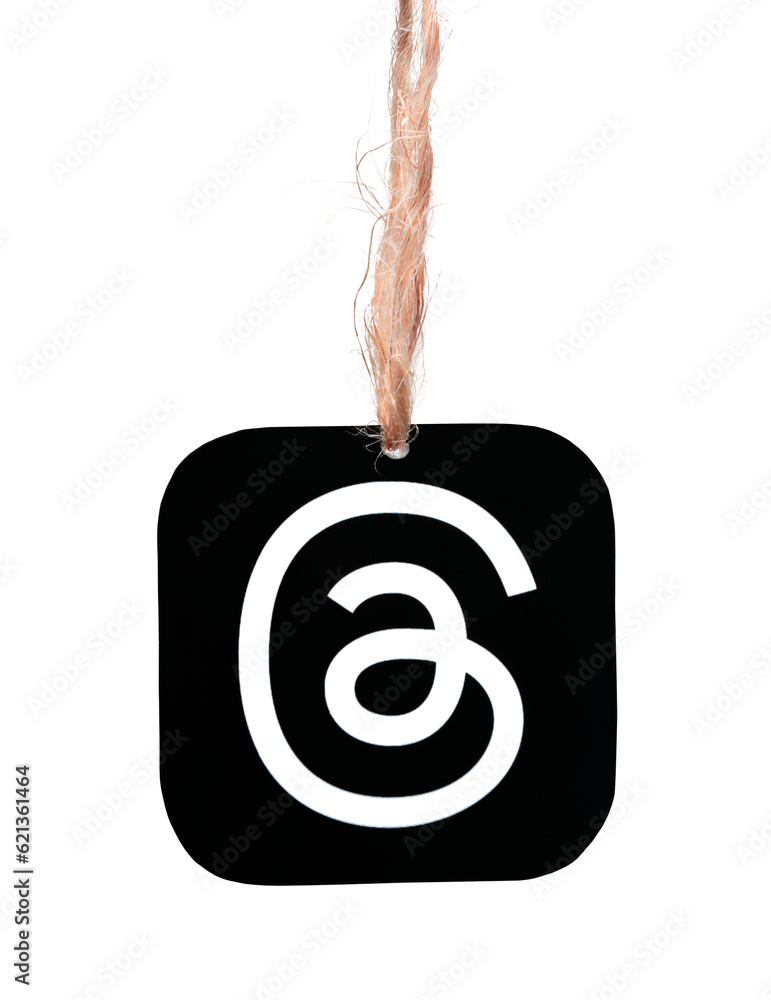 Threads mobile app icon hanging on sackcloth thread on transparent ...