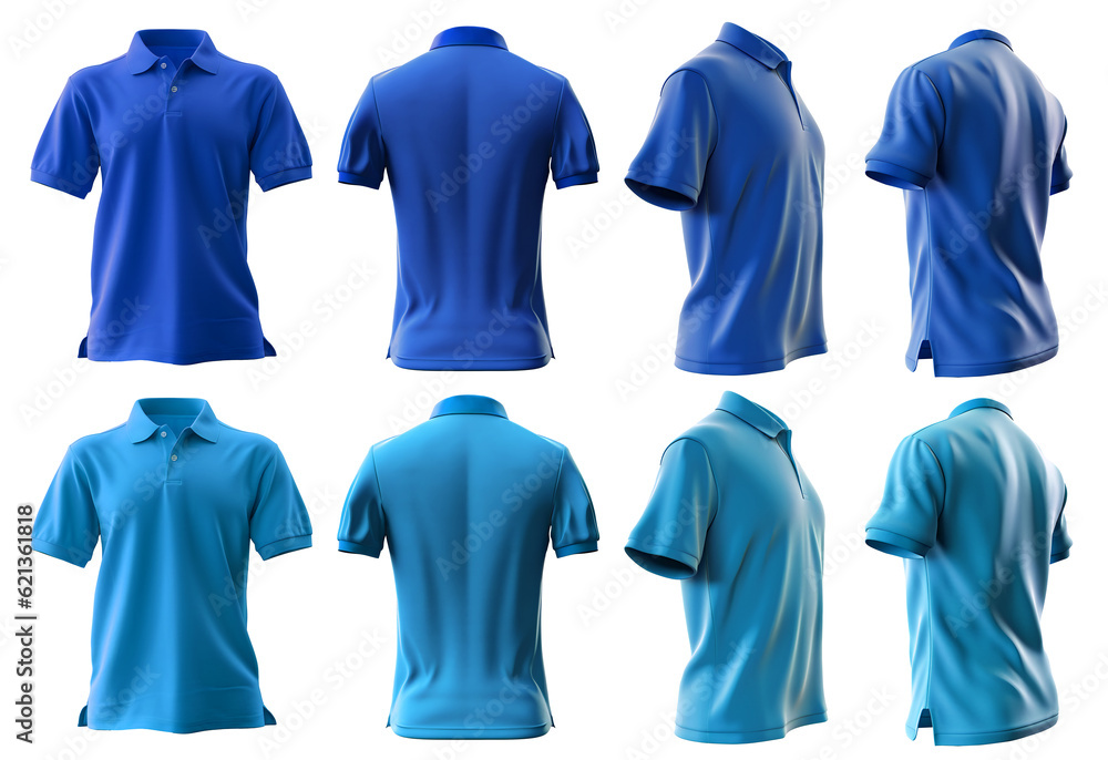 2 Set of dark and light blue aqua front, back and side view collar polo ...