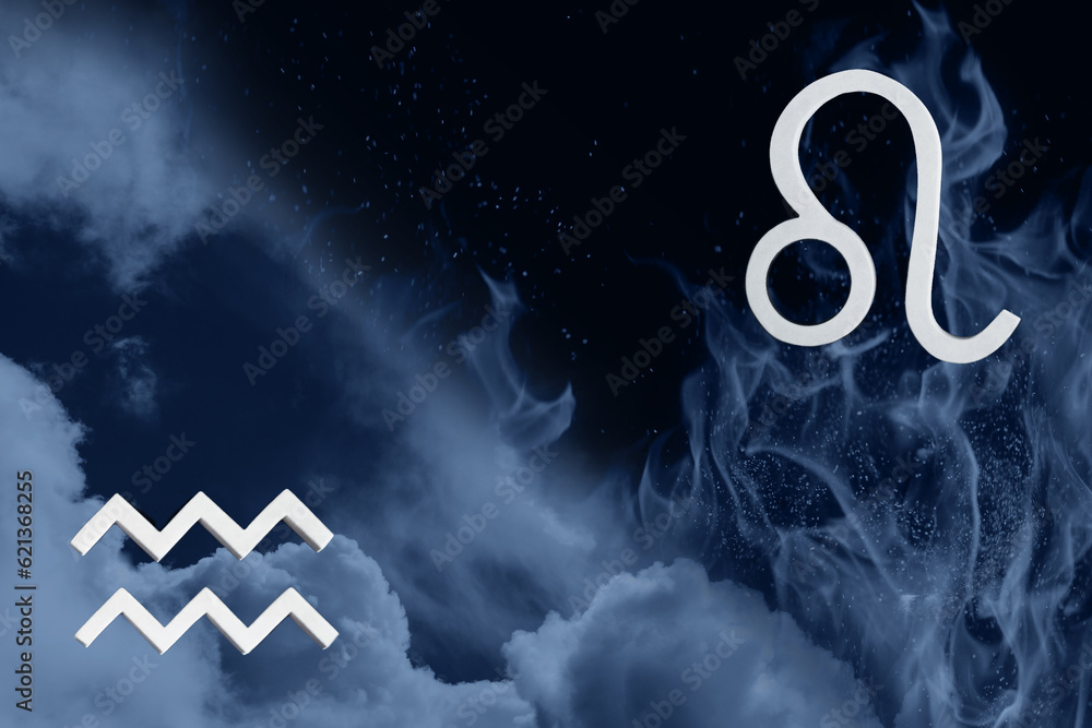 Símbolos astrológicos Acuario- Leo sobre fondo alusivo a su elemento ...