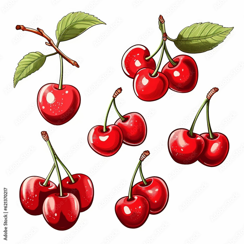 Cherry illustrations collection. Set of red cherries isolated on a ...