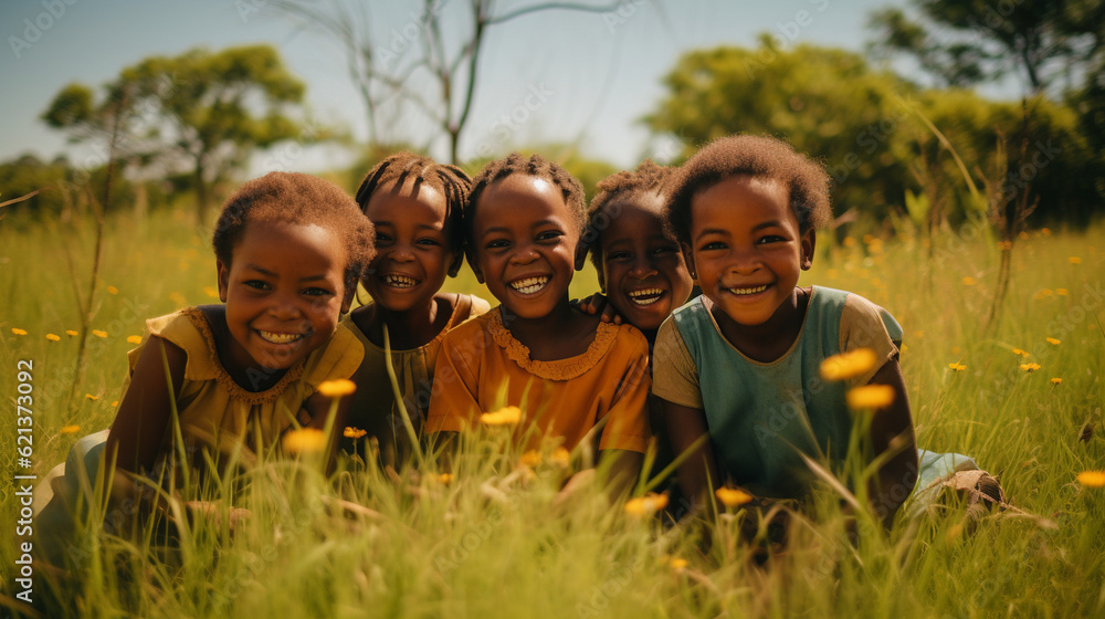 A group of African children laughing and playing in a natural landscape ...