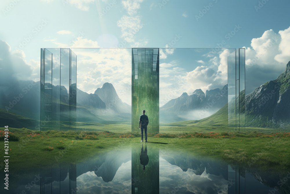 Man silhouette standing in mountain landscape with mirror portal ...