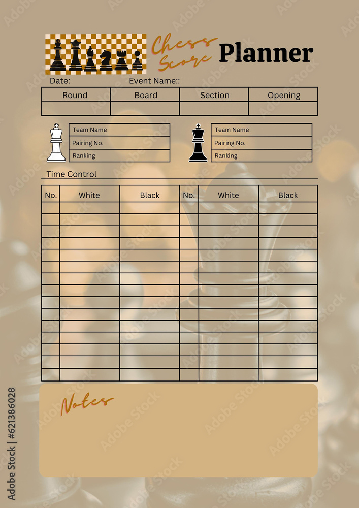 Chess score planner digital planning insert sheet printable page ...