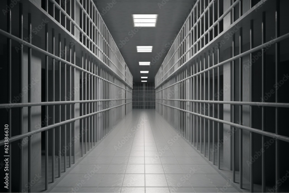 Modern prison, background. Long bright corridor with bars. AI generated ...